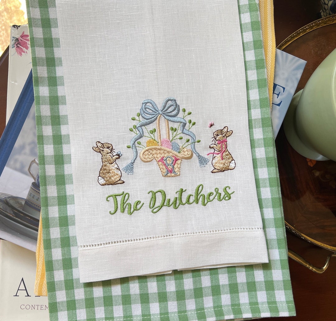 Embroidered Hemstiched Easter Tea Towel, Easter Basket Monogrammed Tea ...