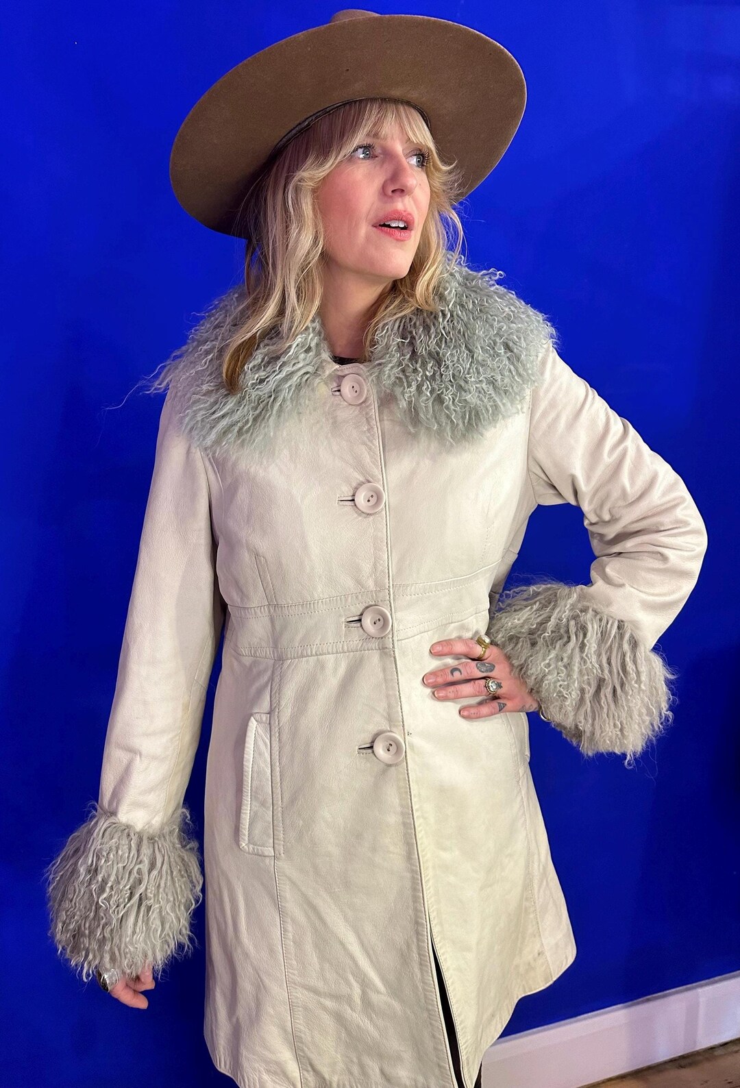 Vintage Rework Leather Trench Afghan Coat With Mongolian Wool Trim ...