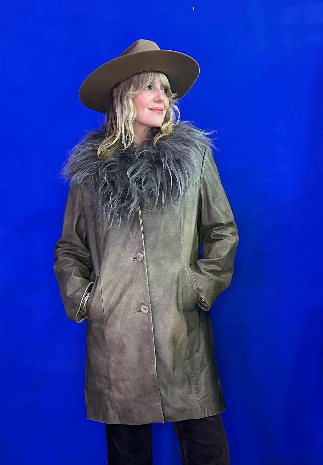 Vintage Rework Faux Leather Trench Afghan Coat With Sheep Wool Trim ...
