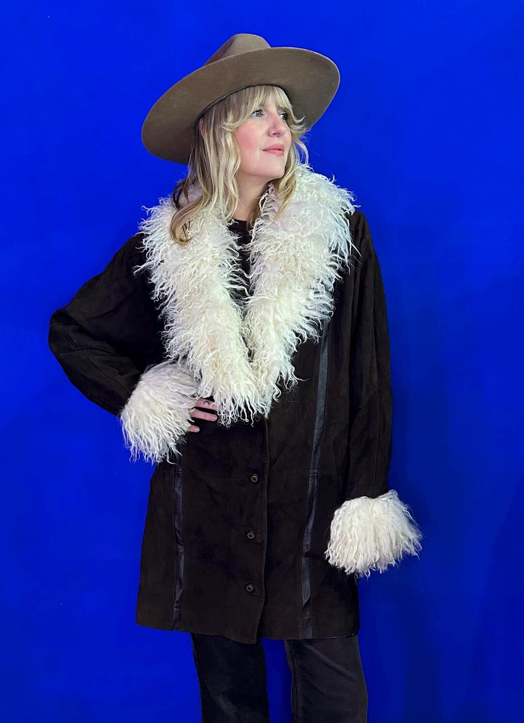 Vintage Rework Brown Suede Jacket Afghan Coat With Mongolian Sheep Wool ...