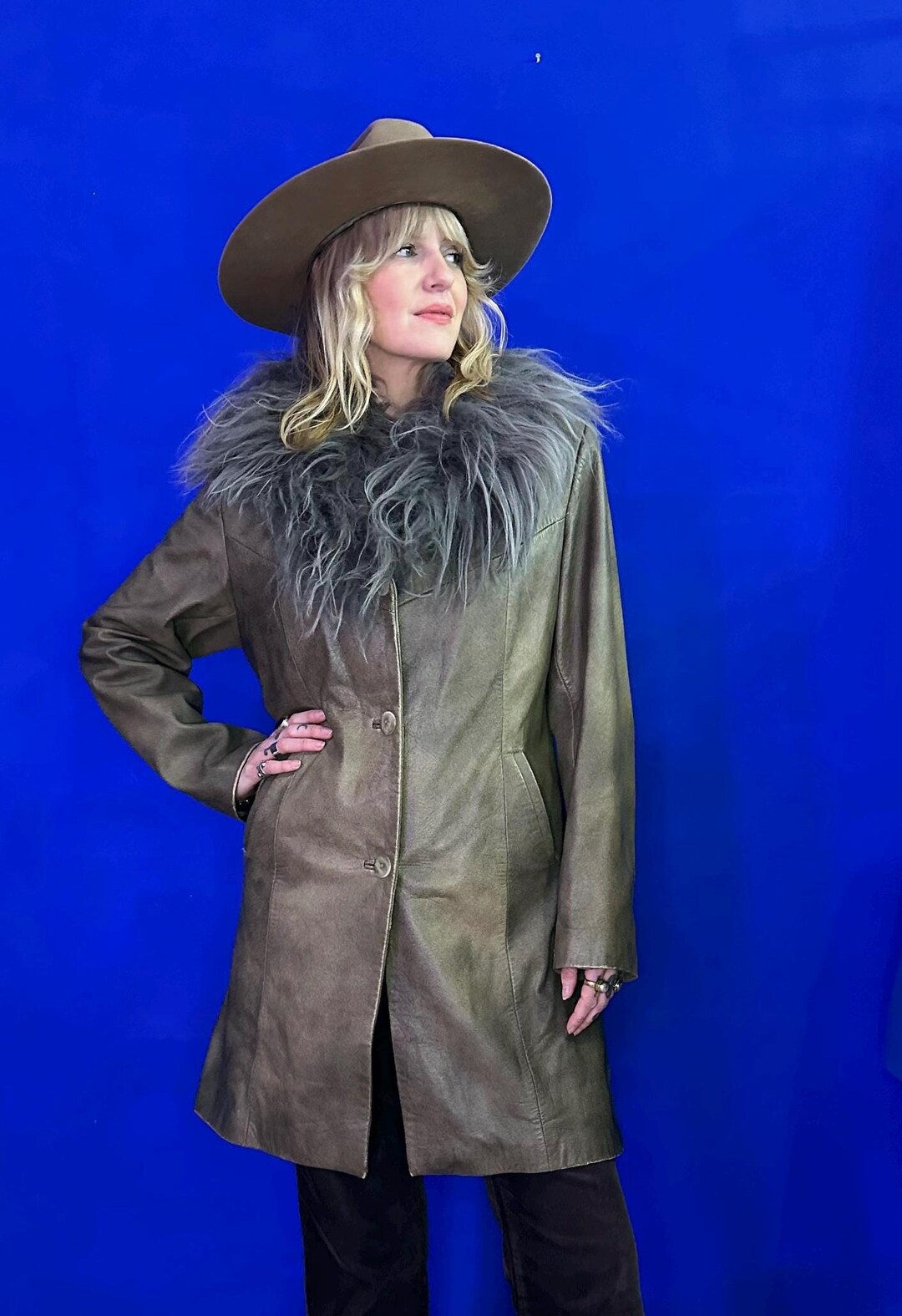 Vintage Rework Faux Leather Trench Afghan Coat With Sheep Wool Trim ...