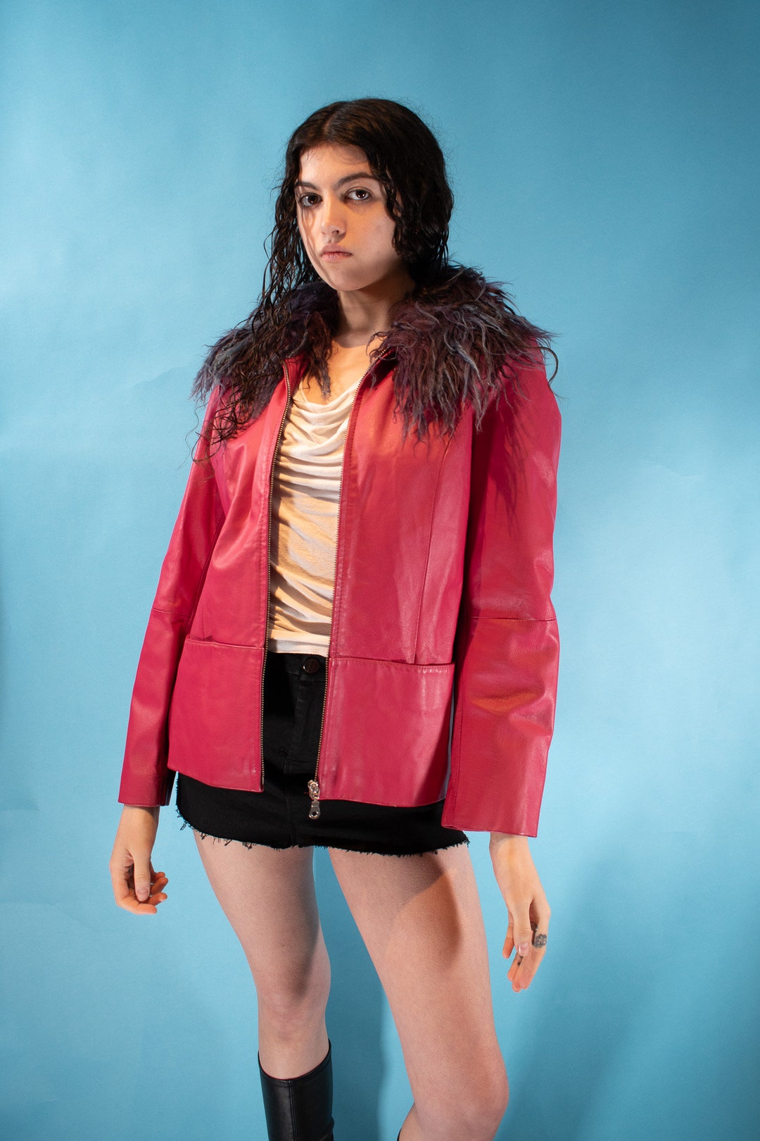 Vintage Rework Size S/M Leather Jacket With Mongolian Fur in Hot Pink ...