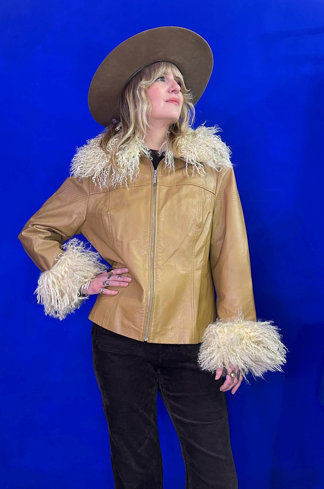 Vintage Rework Leather Trench Afghan Coat With Mongolian Wool Trim ...