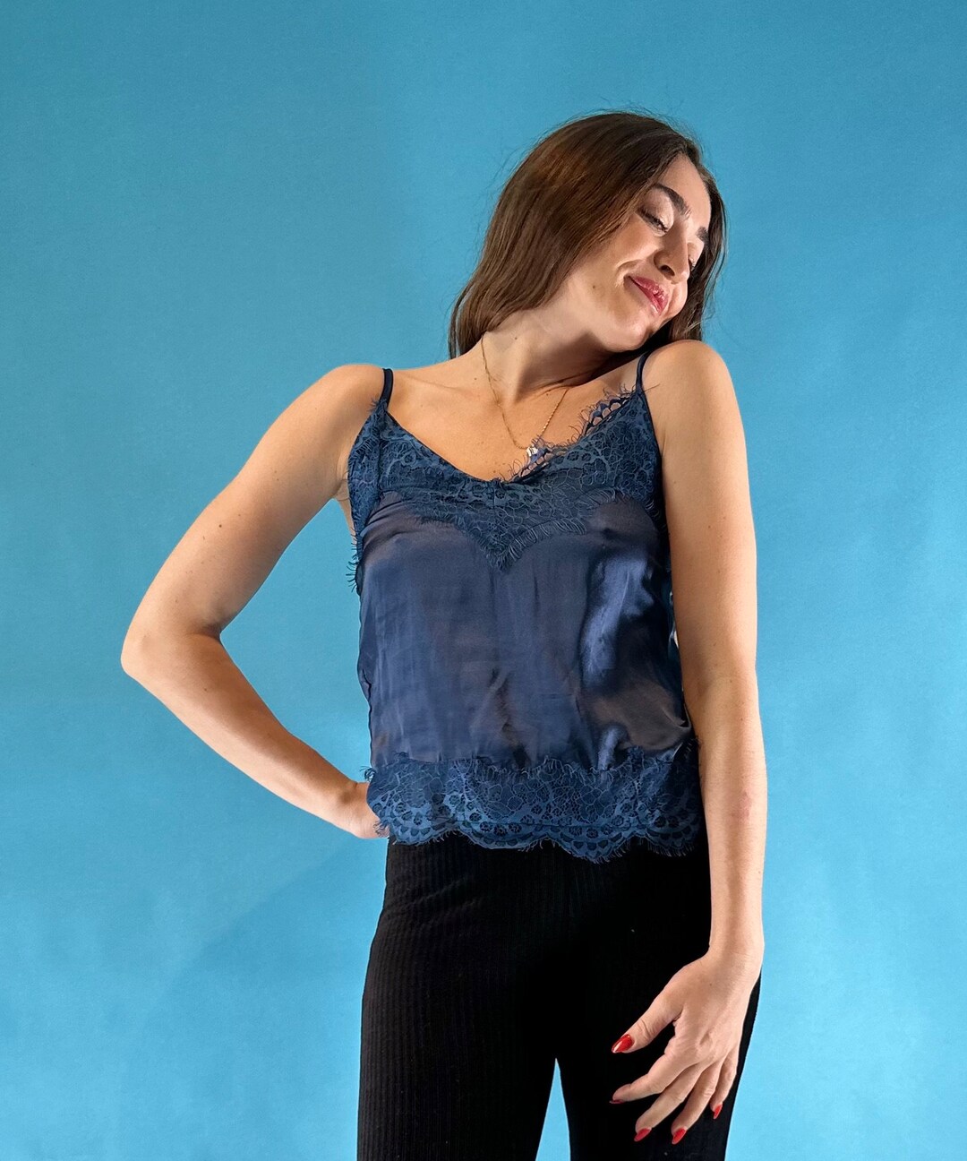 Vintage Y2K Navy Blue Satin Cami Slip Top With Lace Trim. - Etsy