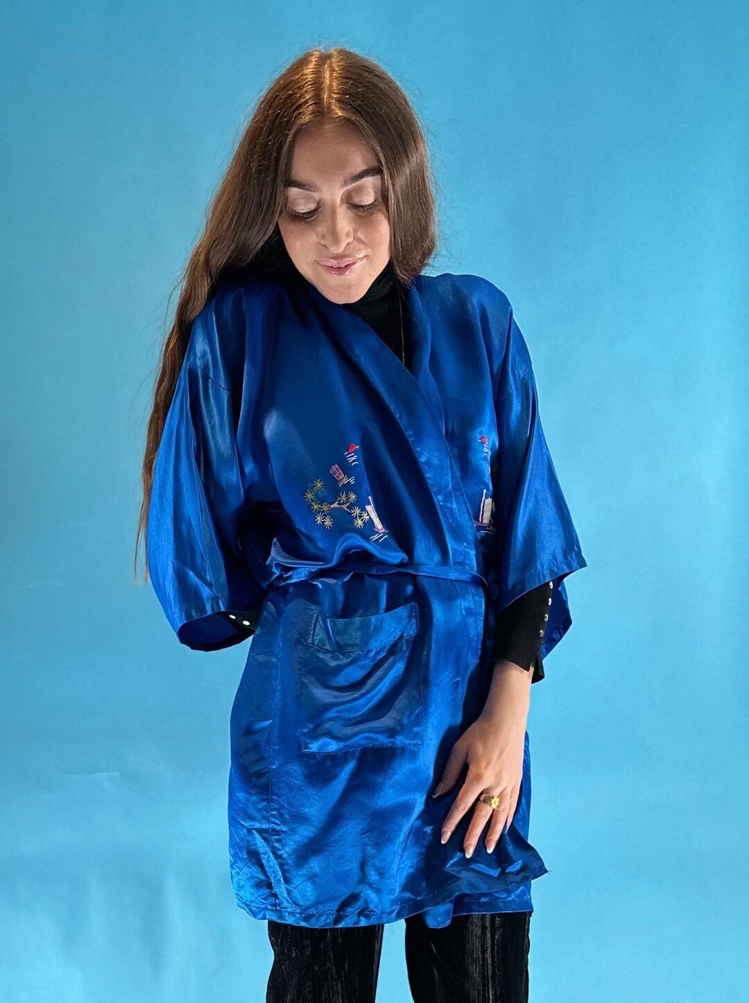 Vintage 1980s Satin Electric Blue Embroidered Japanese Kimono Style ...