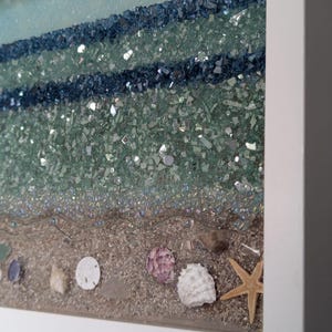 Sea Shell Beach Scene Art With Cobalt and Aqua Crushed Glass, Shells ...