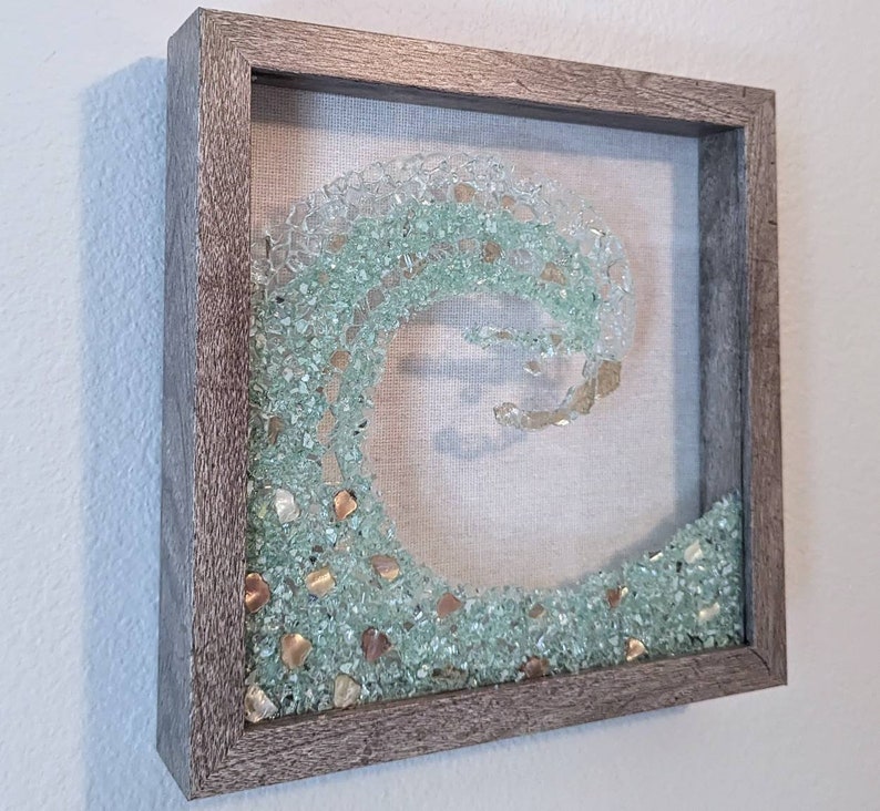 Sparkly, Aqua Glass Beach Wave in 10x10 Inch Weathered Gray, Black, or ...