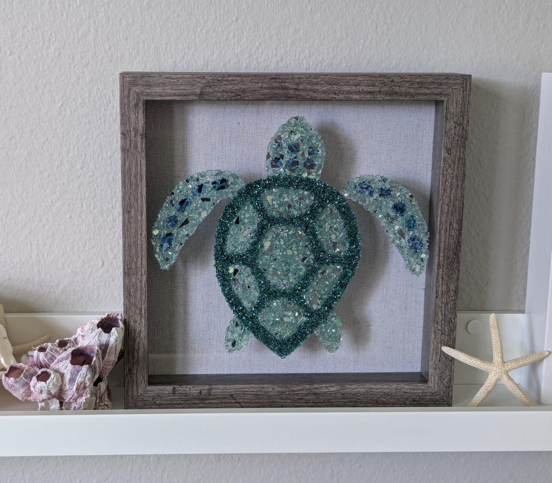 Sea Turtle Designs in Teal, Aqua, and Cobalt Crushed Glass. 10x10 Inch ...