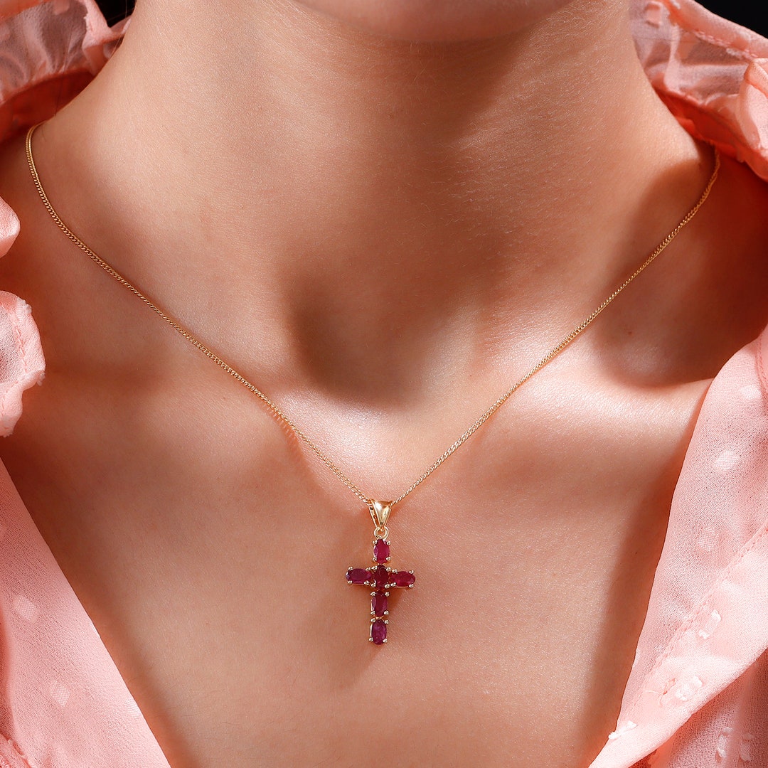 18K Yellow Gold Ruby Cross Pendant Necklace in 925 Sterling Silver ...
