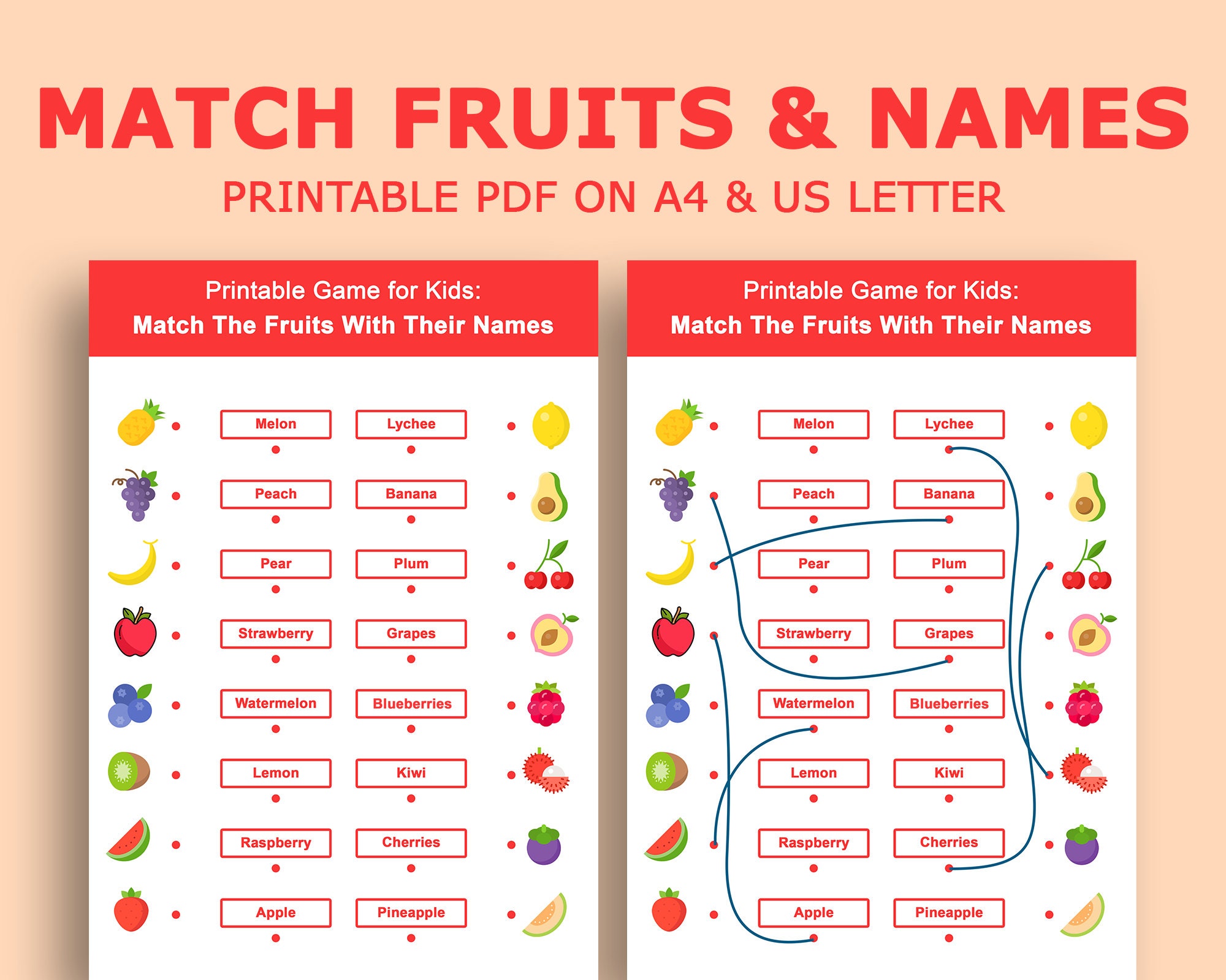 Printable Game for Kids: Match the Fruits With Their Names | Etsy