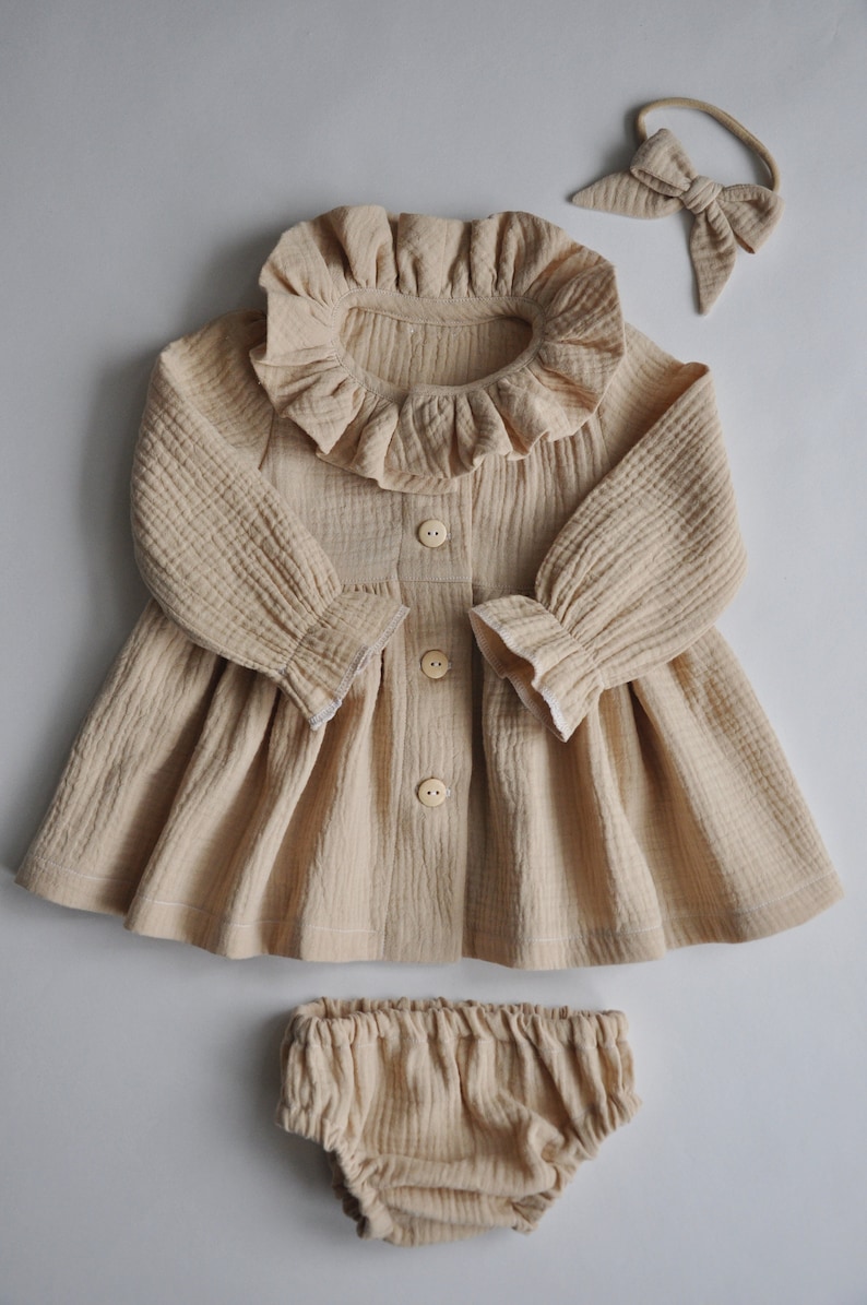Organic Long Sleeve Baby Girl Muslin Dress Beige Cotton - Etsy