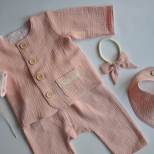 Pink Muslin Baby Girl Set, Organic Cotton Newborn Girl Baptism Set ...