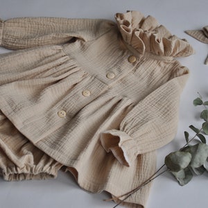 Organic Long Sleeve Baby Girl Muslin Dress Beige, Cotton Toddler Girl ...