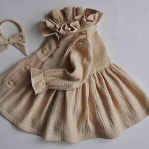 Organic Long Sleeve Baby Girl Muslin Dress Beige, Cotton Toddler Girl ...