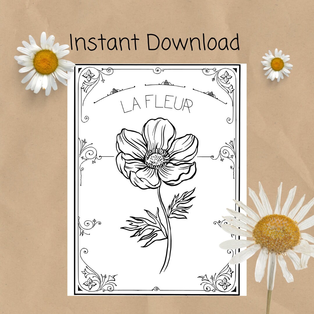 The Flower French Coloring Page Digital Download Coloring Sheet for ...