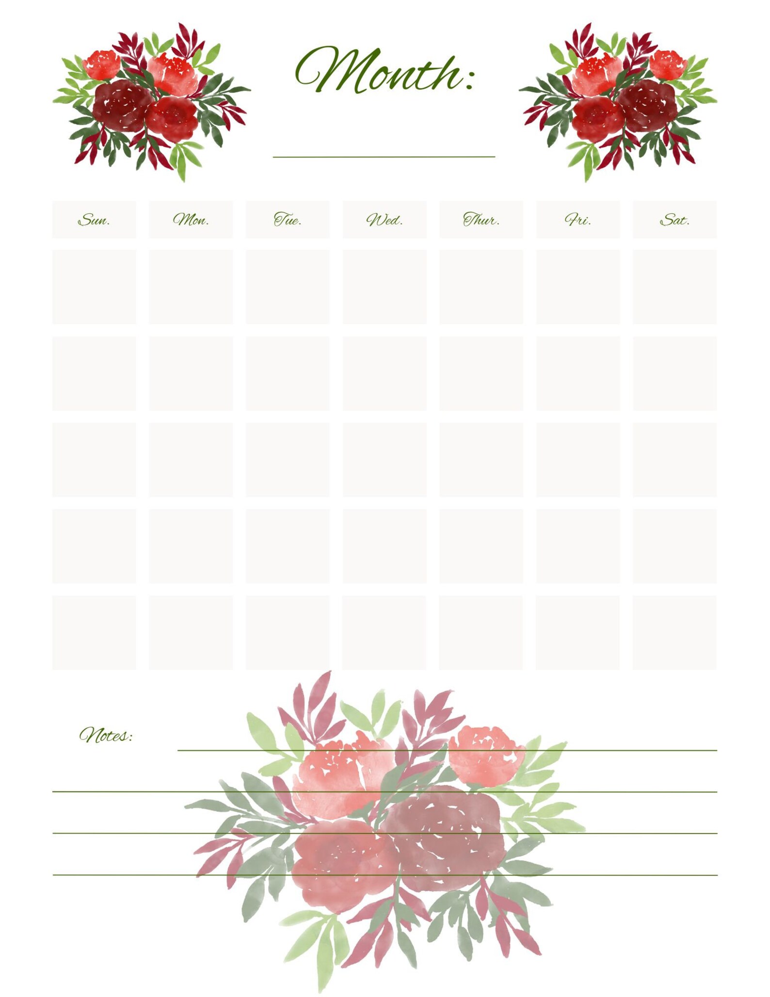 Blank One Month Calendar With Roses - Etsy
