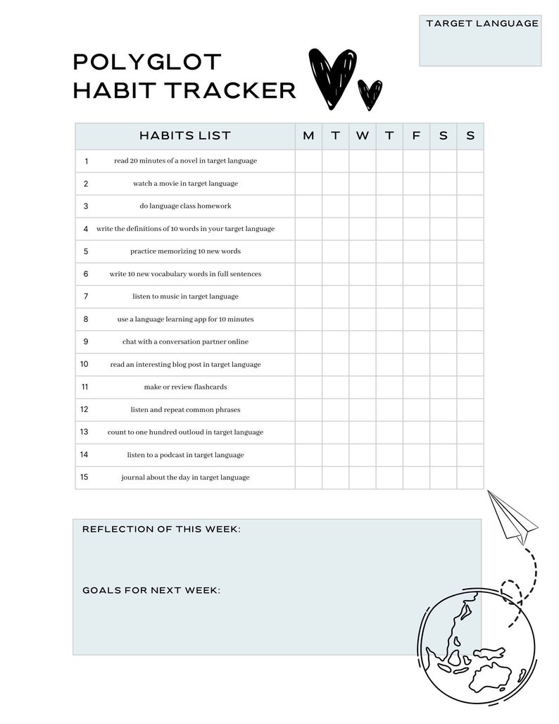 Polyglot Habit Tracker Printable Planner Language Learning Tools for Study Practice Polyglot ...
