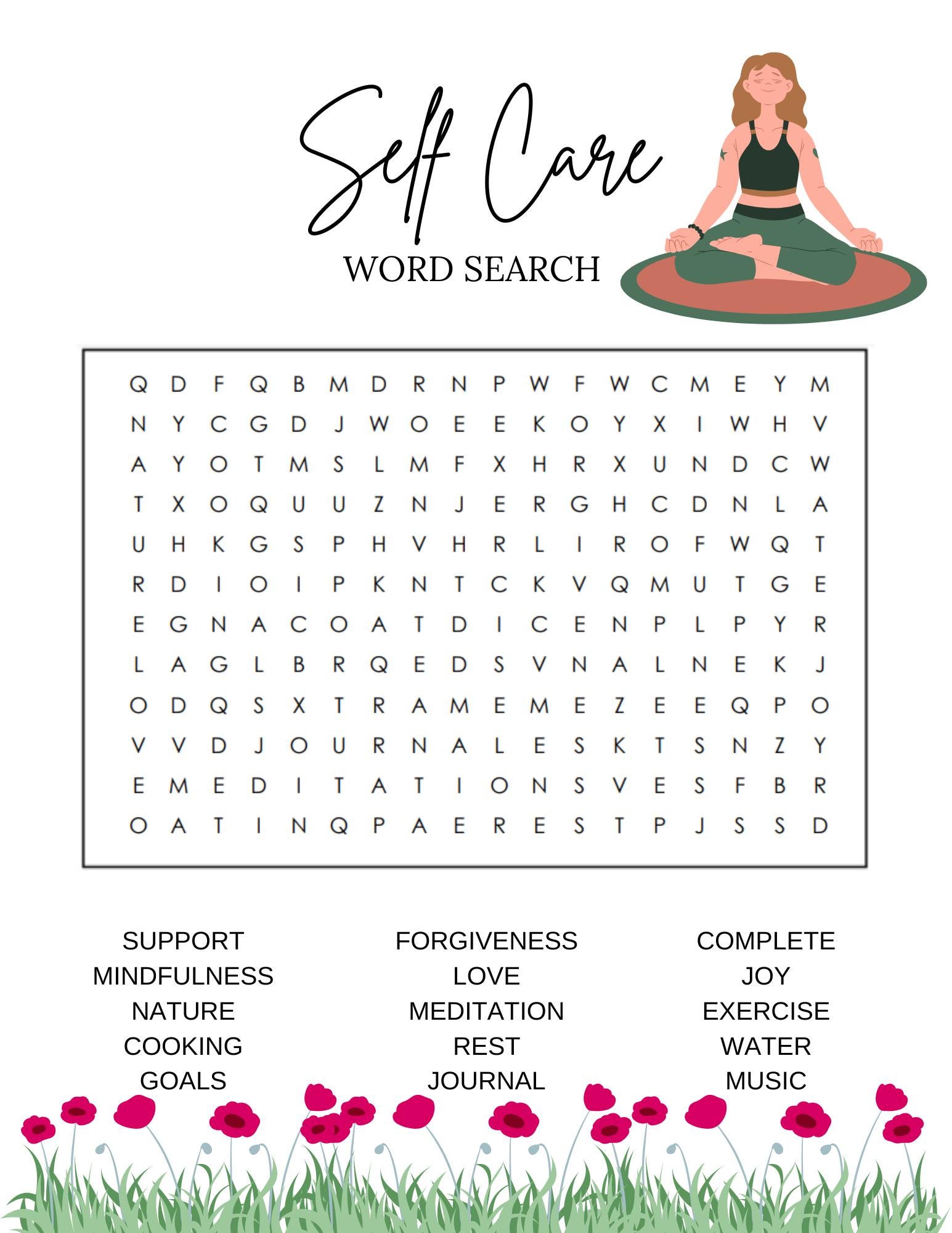 Self-care Word Search Puzzle Relaxing Wellness Activity for Mindfulness ...
