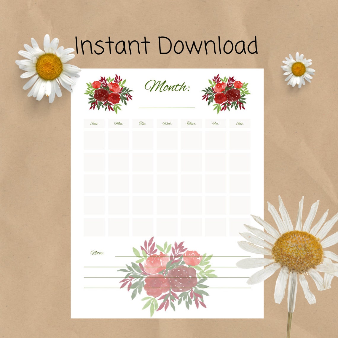 Blank One Month Calendar With Roses - Etsy