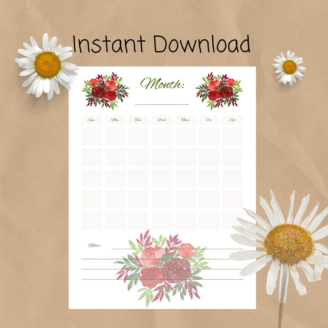 Blank One Month Calendar With Roses - Etsy