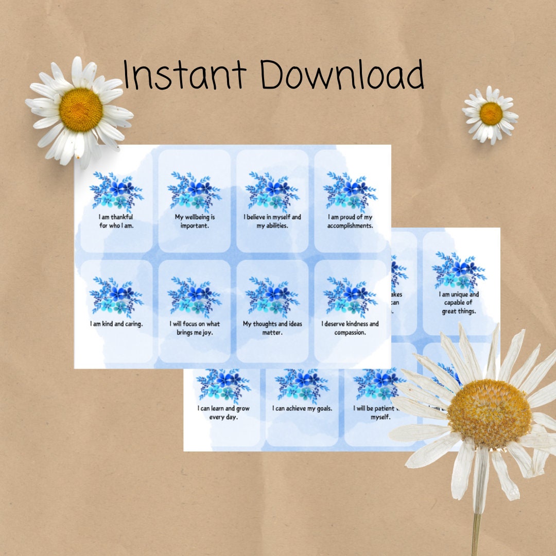 Blue Floral Affirmation Cards - PDF Print - Etsy