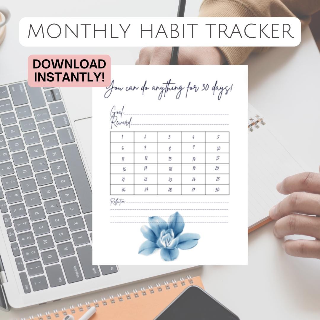 30-day Habit Tracker Blue Flower Calendar Printable Monthly Habit ...