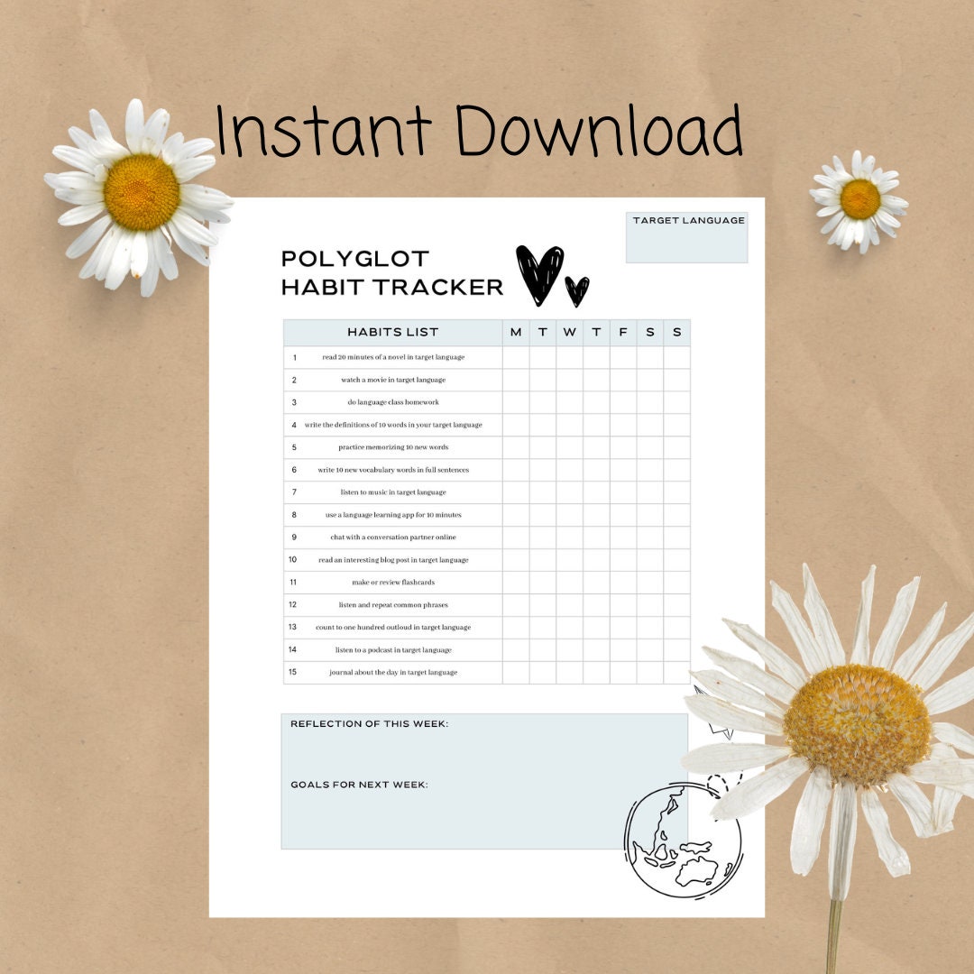 Buy Polyglot Habit Tracker Printable Planner Language Learning Tools for Study Practice Polyglot ...