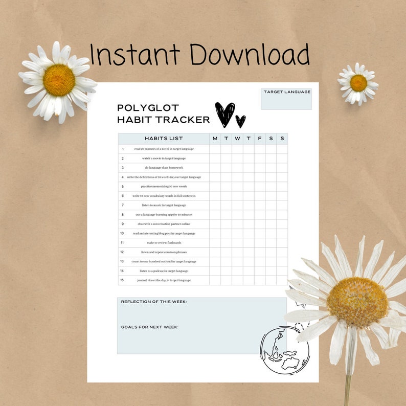 Polyglot Habit Tracker Printable Planner Language Learning Tools for ...