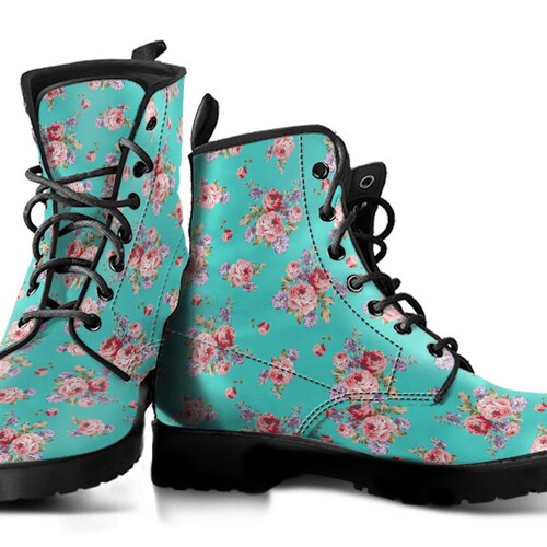 Black Pink Rose Floral Print Womens Boots Vegan Leather Boho | Etsy