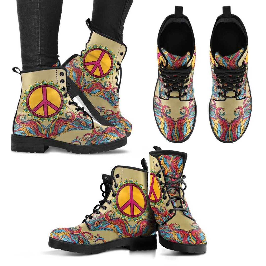Handcrafted Hippie Peace Shoes, Women's Boots, Vegan Leather Combat ...