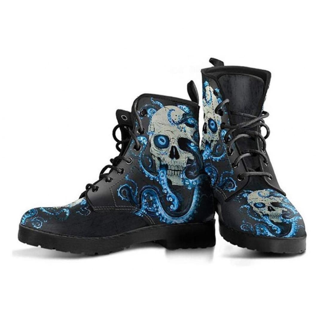 Octopus Skull Boots, Octopus Shoes, Women's Boots, Vegan Leather Combat ...