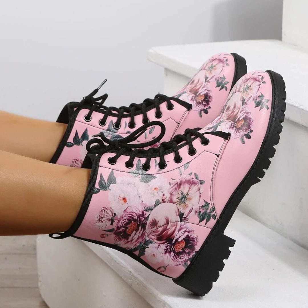 Pink Boots Combat Boots Flower Boots Floral Boots Blush Pink Shoes ...
