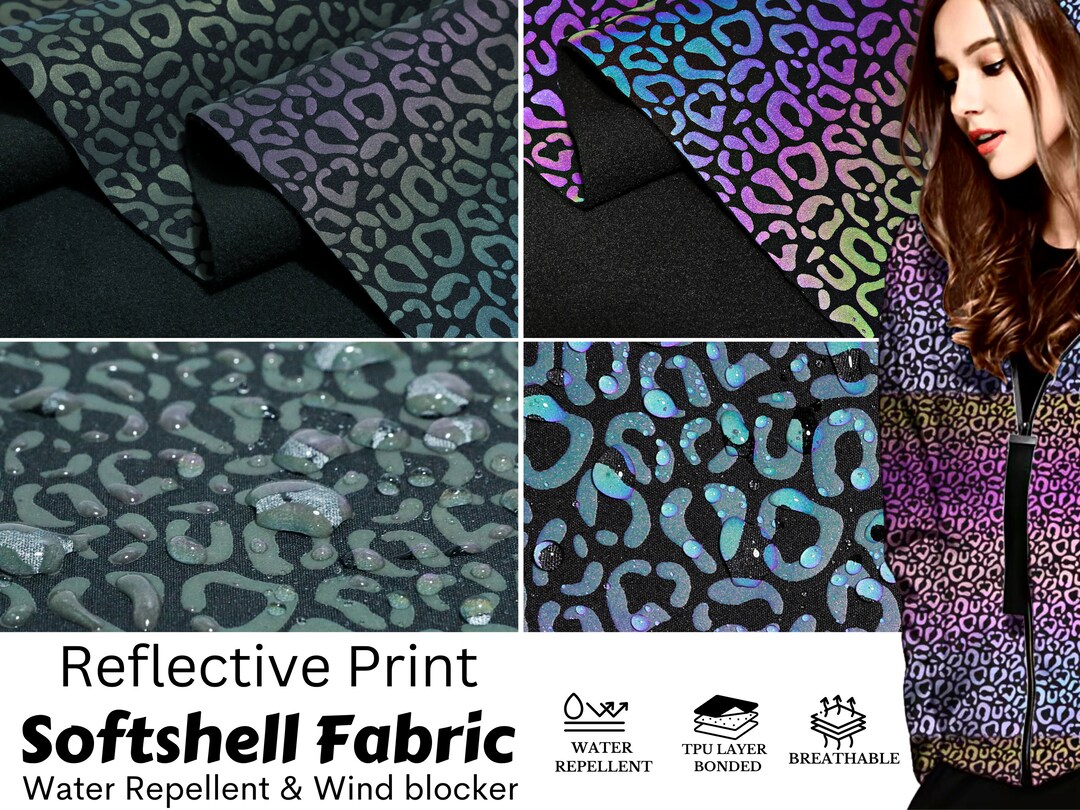 Rainbow Reflective Leopard Print Softshell Fabric, Water-resistant ...