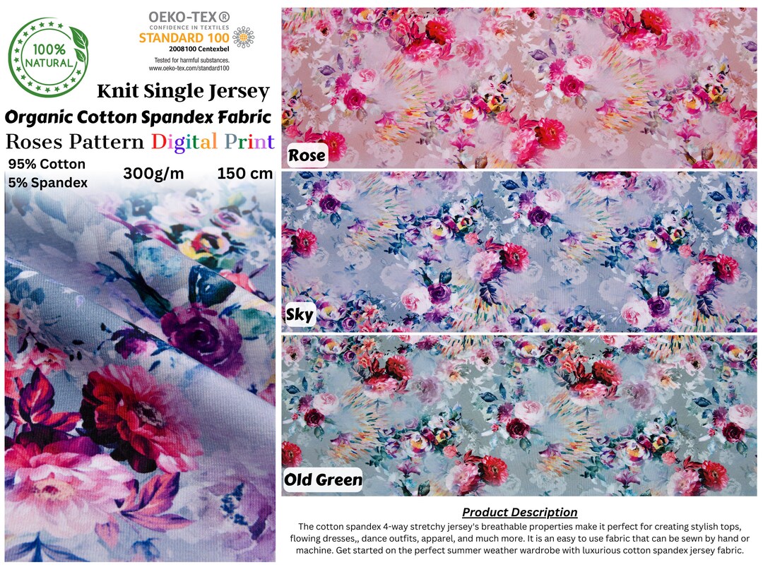Organic Knit Cotton Spandex Jersey Roses Digital Print Fabric - 6045 - Etsy
