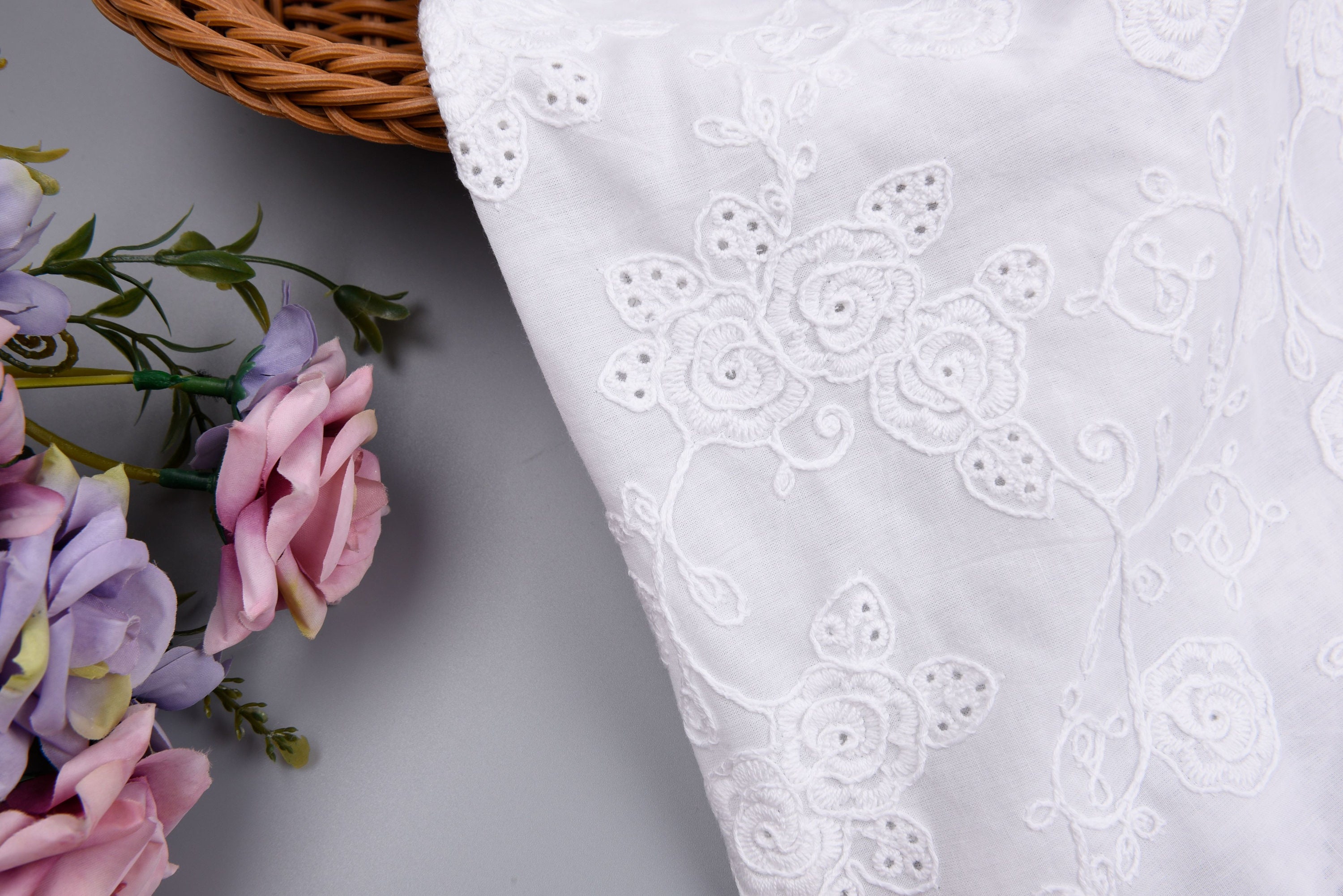 White Cotton Eyelet Embroidery Flower Fabric. Eyelet Embroidery Flower ...