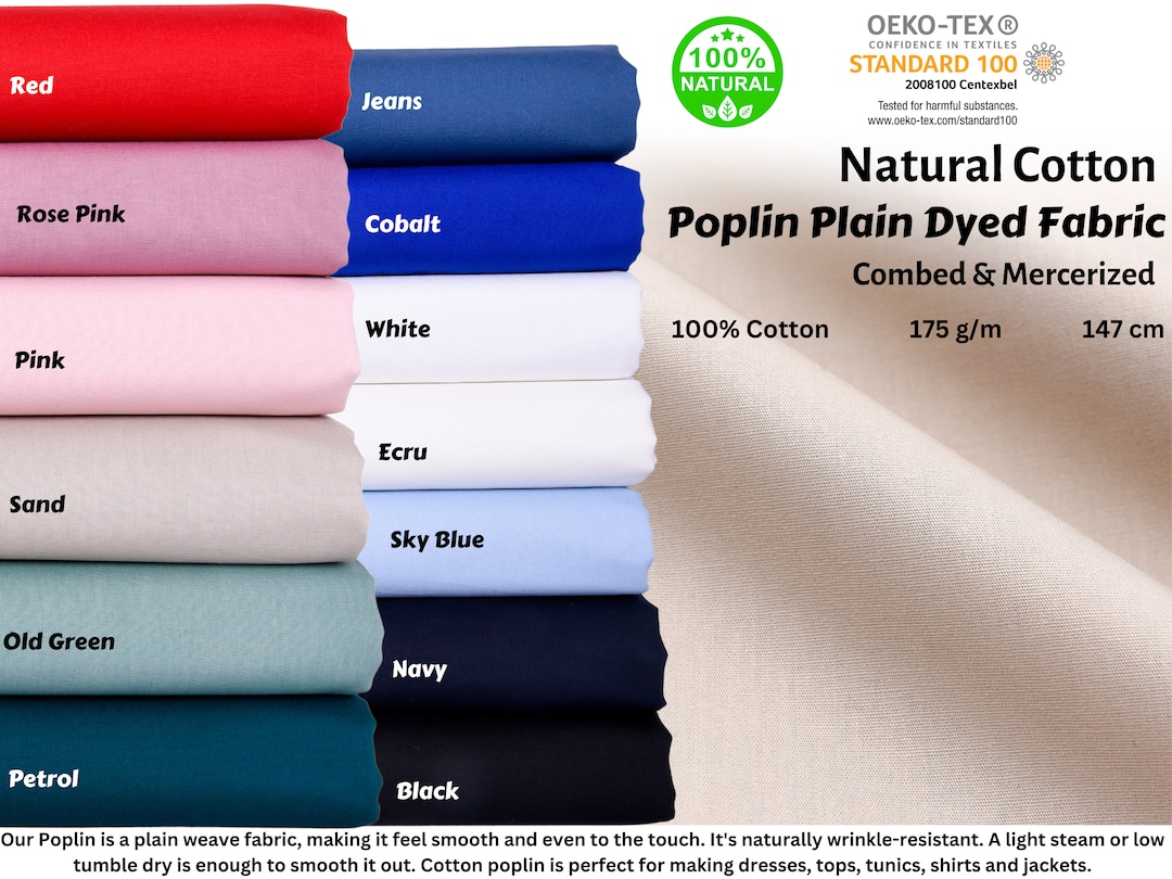 100% Pure Cotton Poplin Plain Fabric Superior Vibrant Colors ...