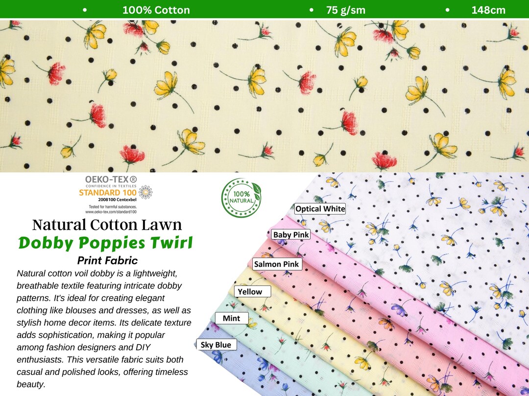 Cotton Lawn Dobby Poppies Twirl Print Fabric, Cotton Lawn, Jacquard ...