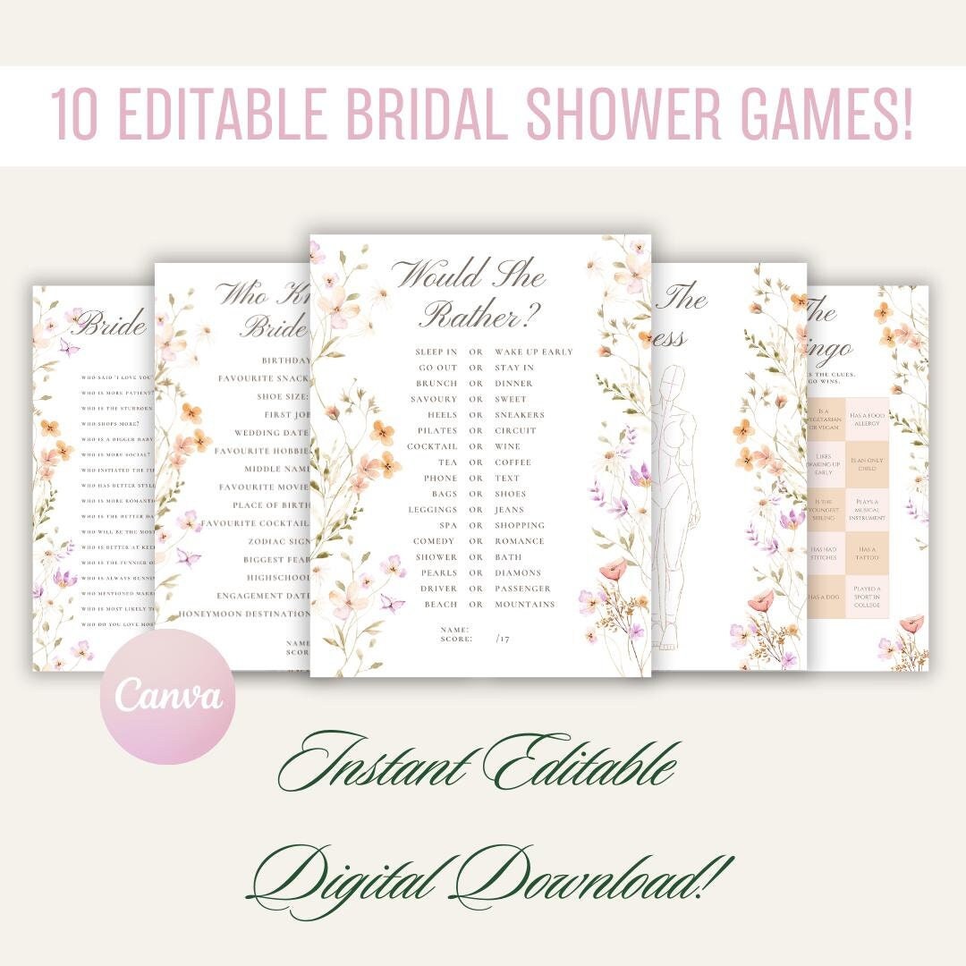 Floral Bridal Shower Games, Elegant Printable Games Pack (digital ...