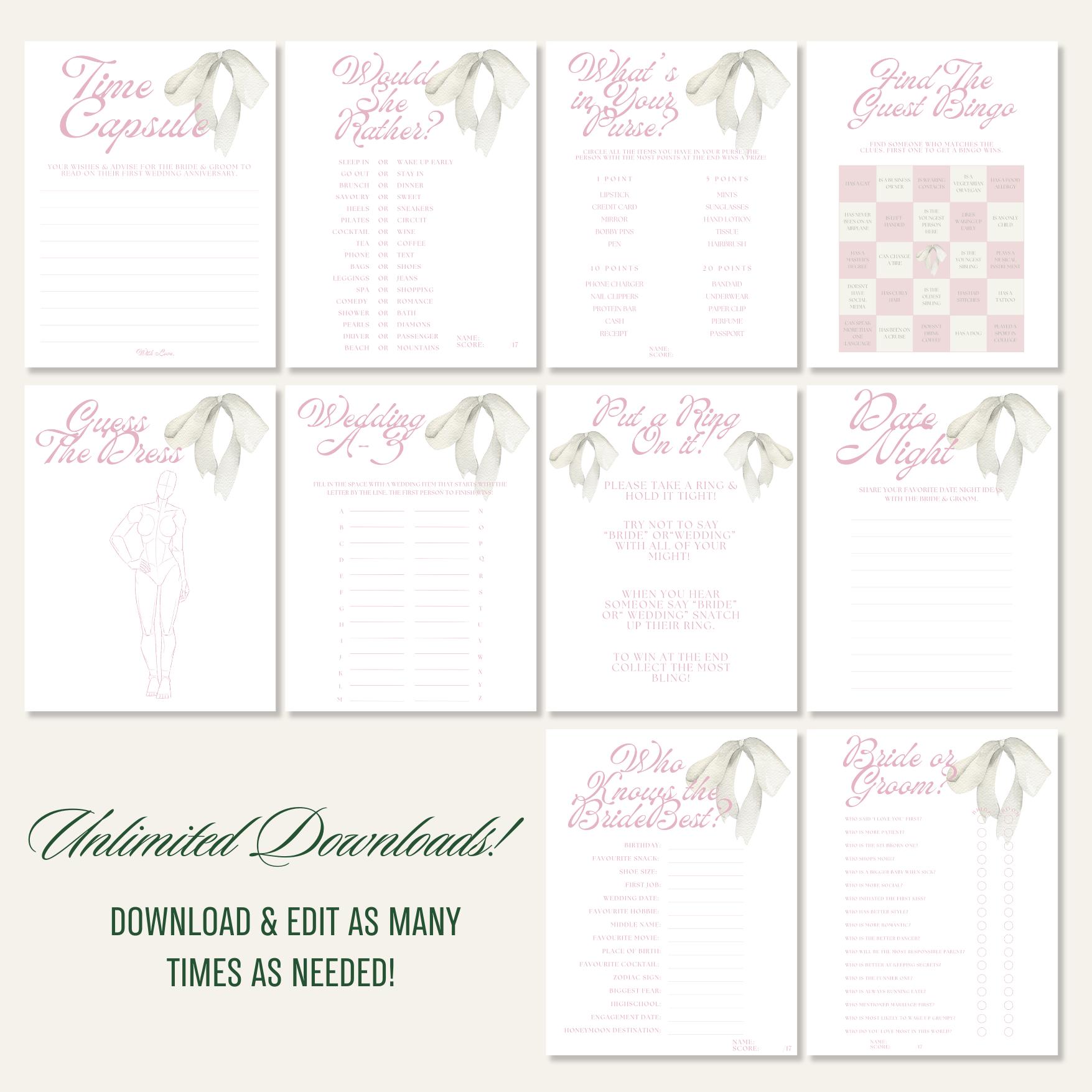 Editable Pink 'tie the Knot' Bridal Shower Games - 10 Printable Bridal ...