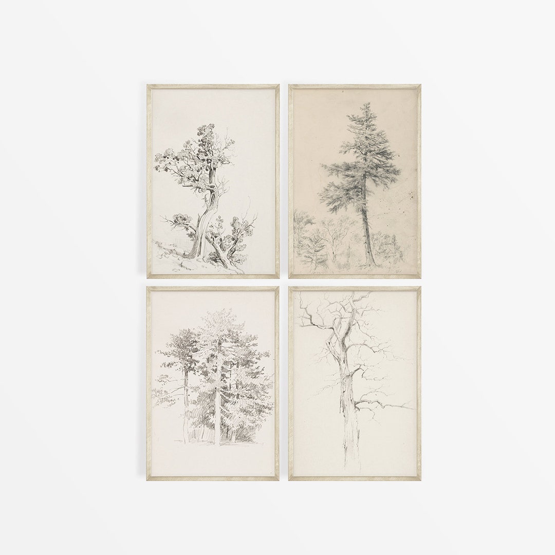 Tree Drawing, Tree Sketch Art Print, Vintage Art Print, Landscape Study ...