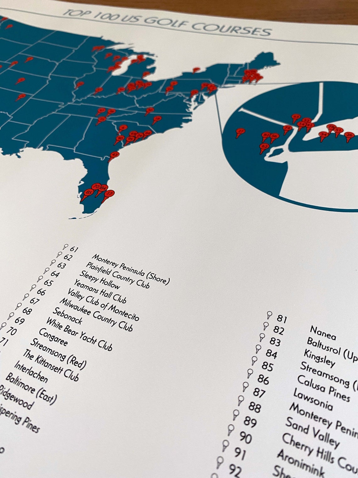 Top 100 US Golf Courses Checklist Map Poster Print Golf | Etsy
