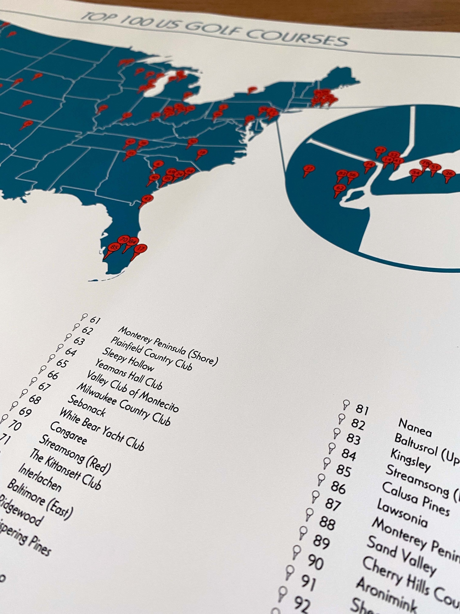 Top 100 US Golf Courses Checklist Map Poster Print Golf | Etsy
