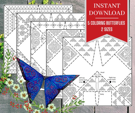 Origami Butterfly Coloring Pages Hmong Symbols Printable | Etsy