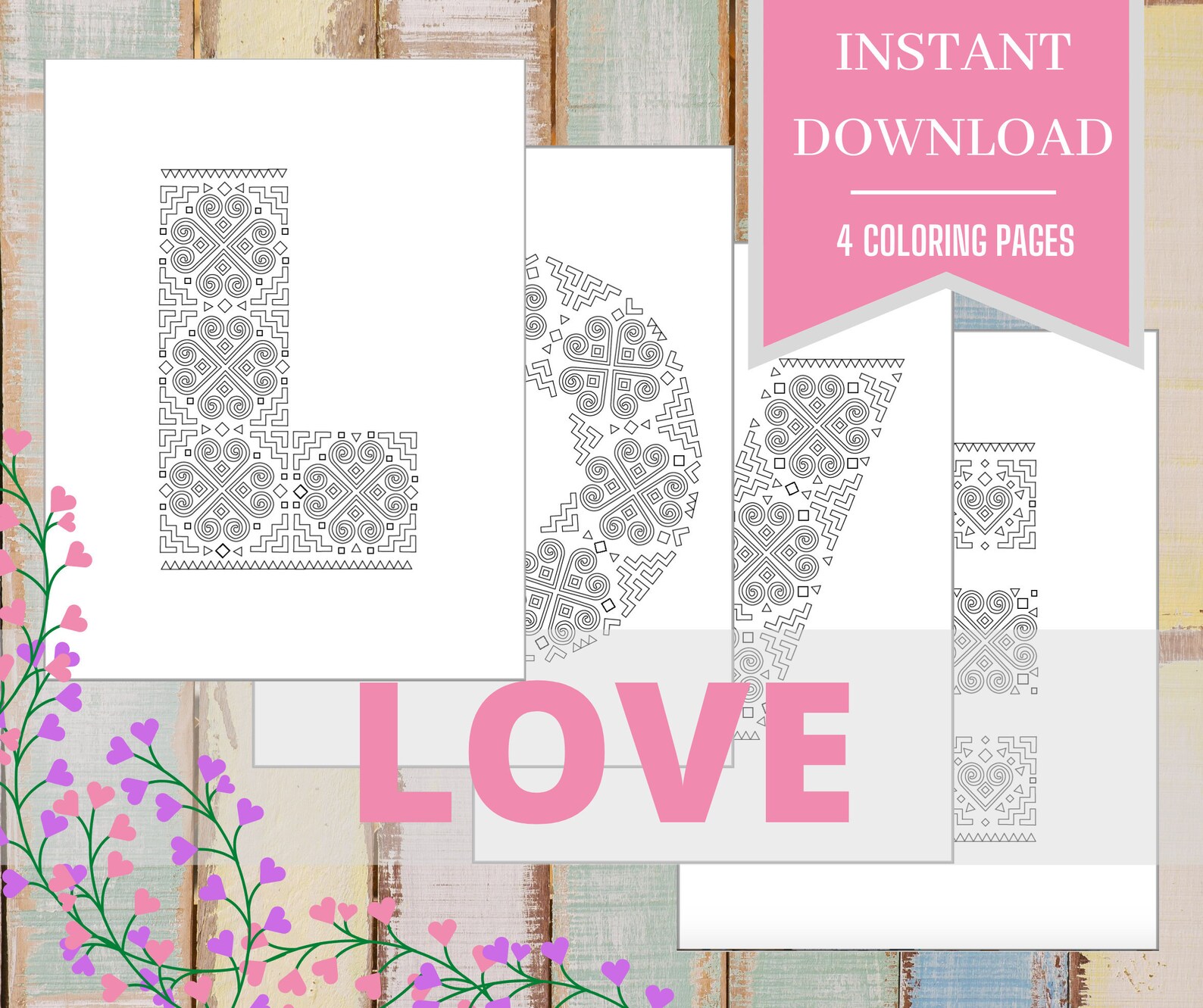 LOVE Letters Coloring Pages With Heart Symbol, Printable, Adult ...