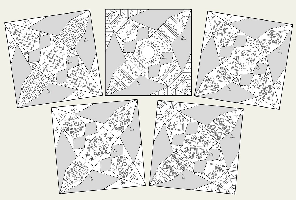 Origami Crane Coloring Pages With Hmong Patterns, Printable, Arts and ...