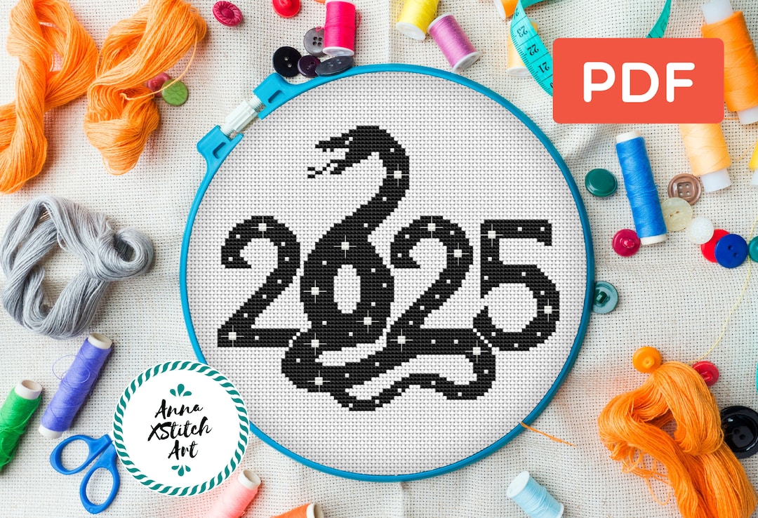 Snake Cross Stitch Pattern, 2025 Year Snake Embroidery, Black and White ...