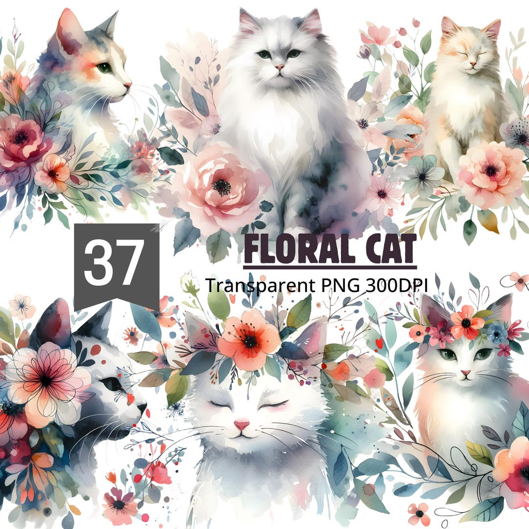 Watercolor Floral Cat PNG Bundle 37 Designs, Cute Flower Cats Clipart ...