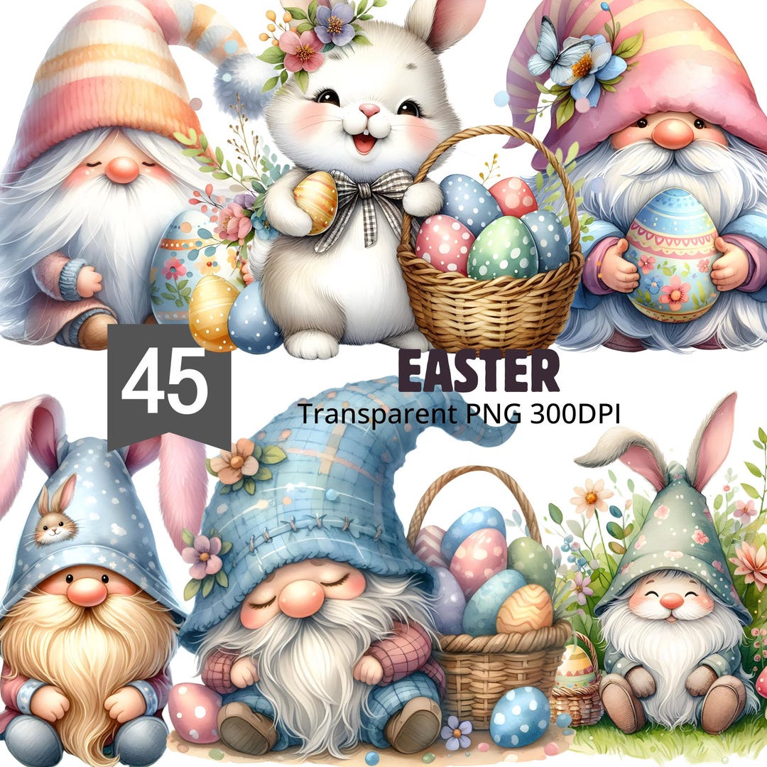 Easter Gnome Bundle Watercolor Bunny Clipart, Spring Chick PNG ...