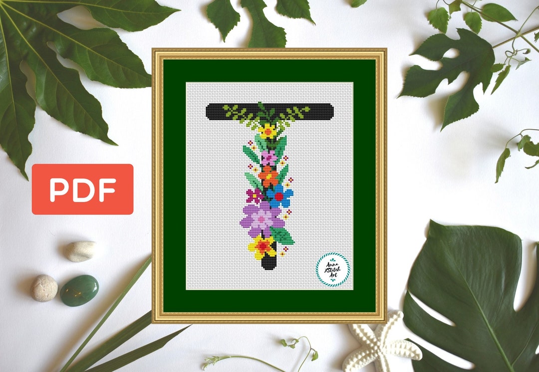 Floral Letter T Cross Stitch Pattern - Elegant Alphabet Embroidery ...