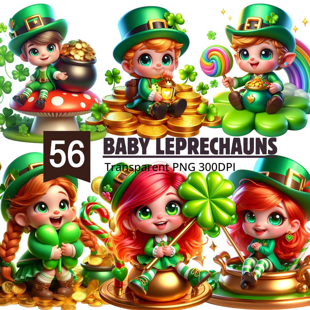 St Patrick's Day: Baby Leprechauns Kawaii Bundle With 56 Shamrock PNG ...